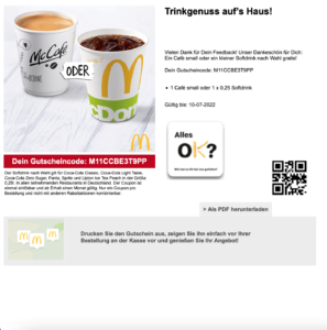 www.Mcdonalds/deinfeedback - Gratis Kaffee oder Cola Abholen
